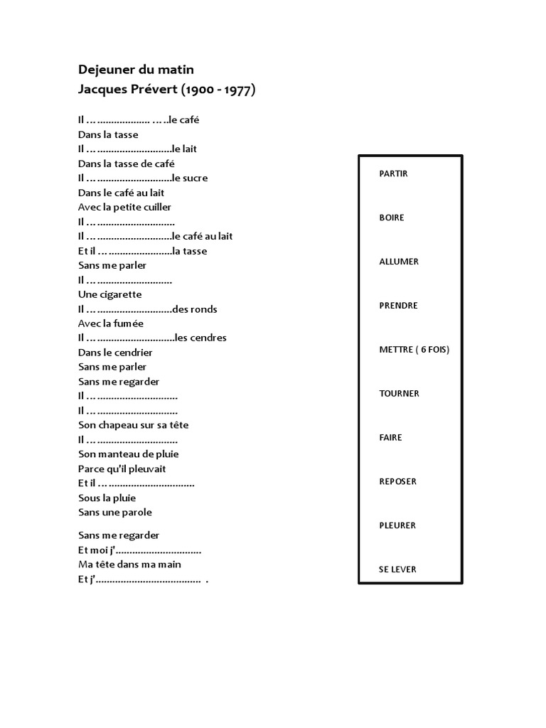 Déjeuner Du Matin- Jacques Prévert- texte à Trous