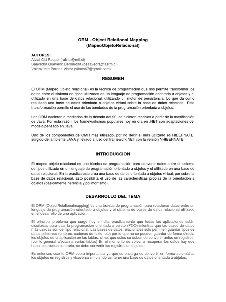 ORM: Mapeo Objeto-Relacional Eficiente | PDF | Mapeo Relacional de Objetos | SQL