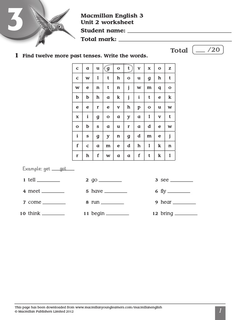 Total: Macmillan English 3 Unit 2 Worksheet Student Name: Total Mark ...