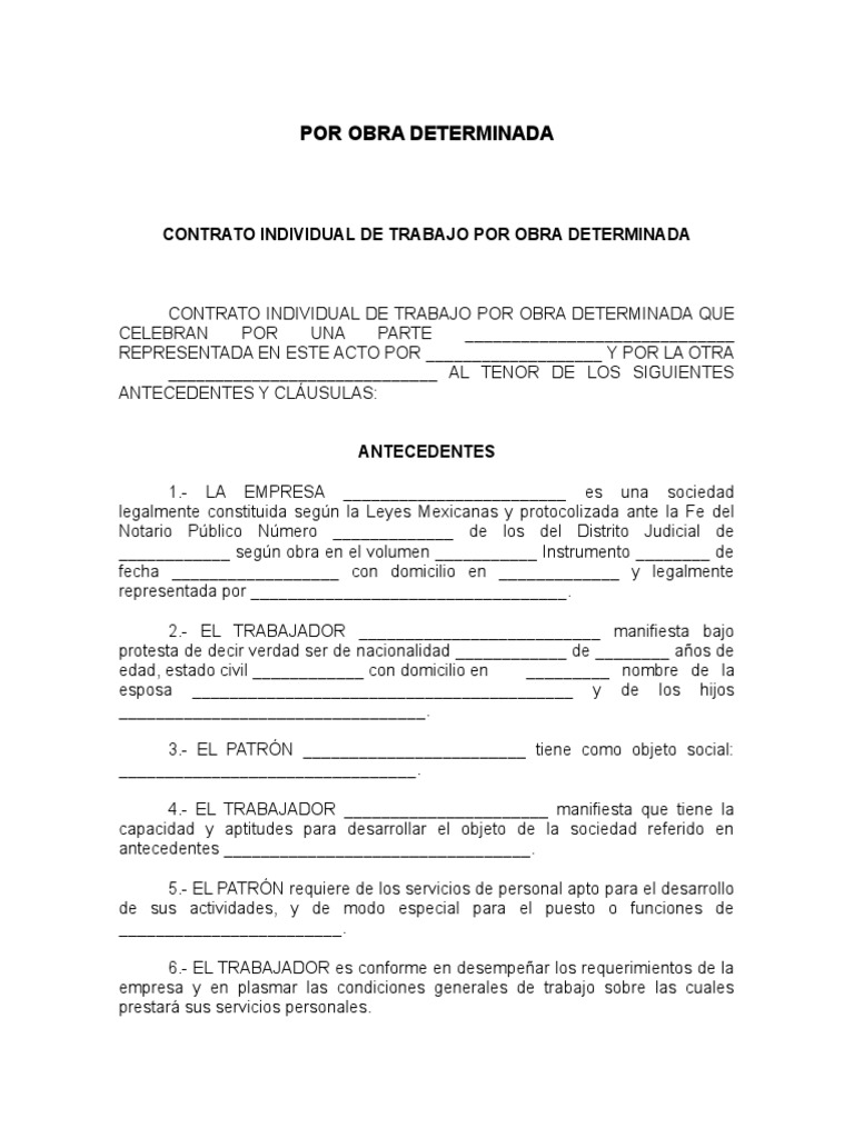 Contrato Individual de Trabajo Por Obra Determinada | Derecho laboral | Tiempo de trabajo