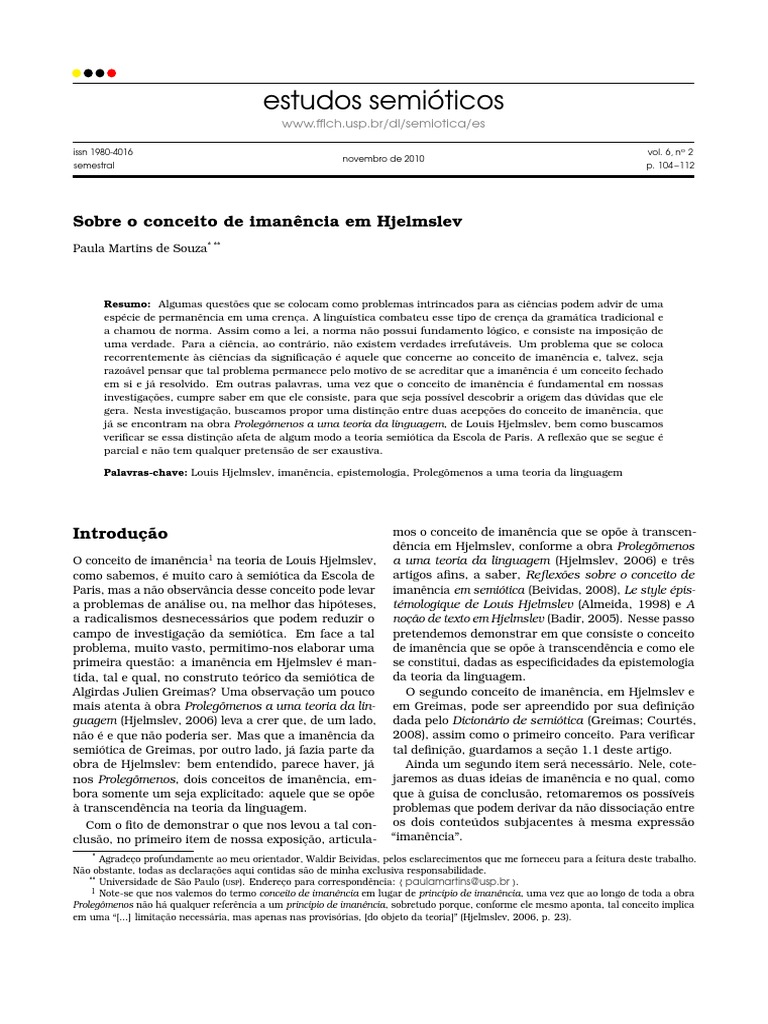 Sobre o Conceito de Imanência em Hjelmslev | PDF | Semiótica | Teoria