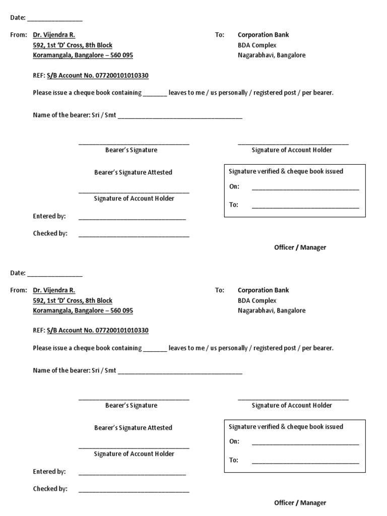 Cheque Requisition Form - Corporation Bank | PDF | Cheque | Banking