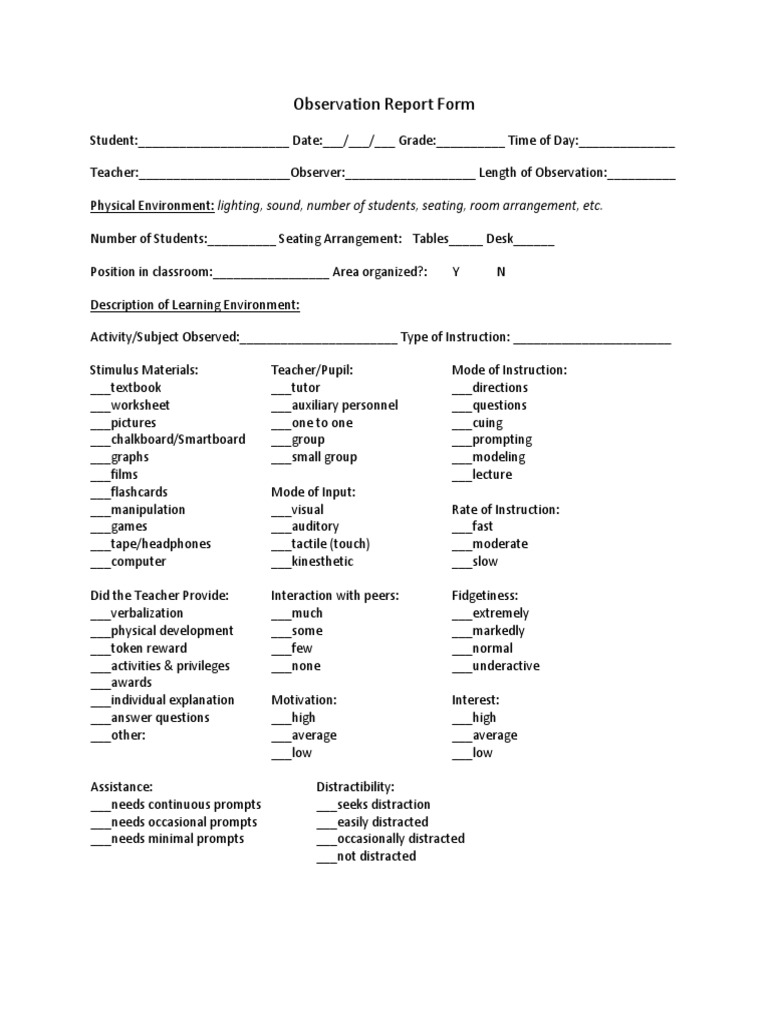 Observation Report Form | PDF | Classroom | Teachers