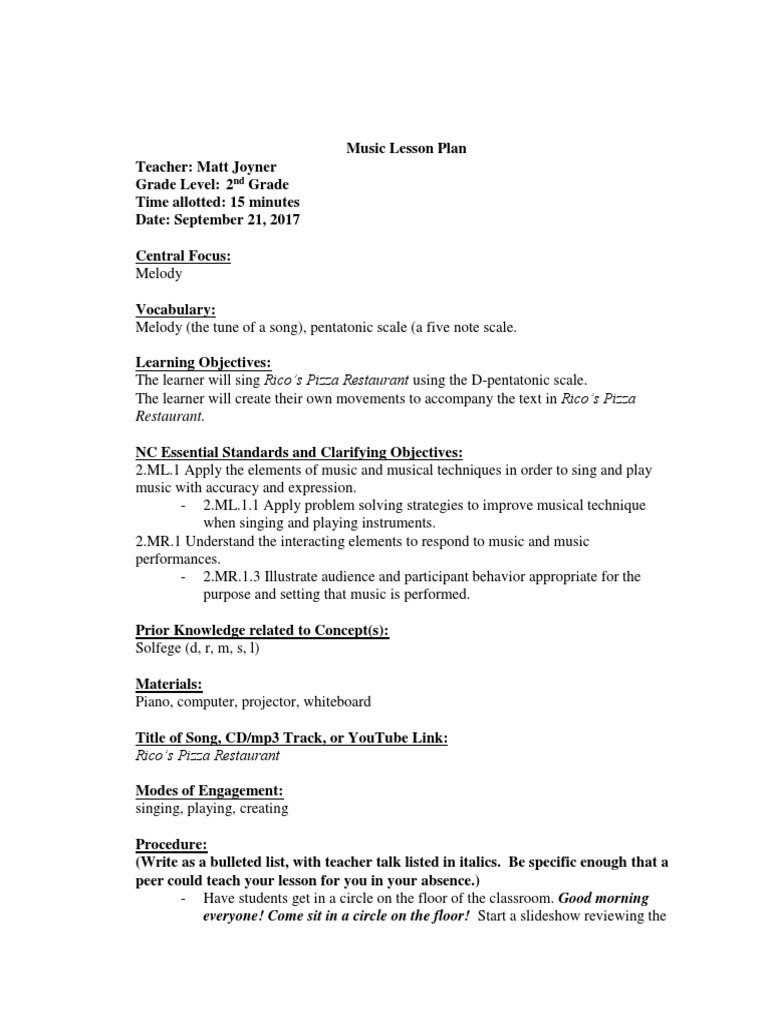 2nd Grade Music Lesson Plan: Melody | PDF | Lesson Plan | Teaching