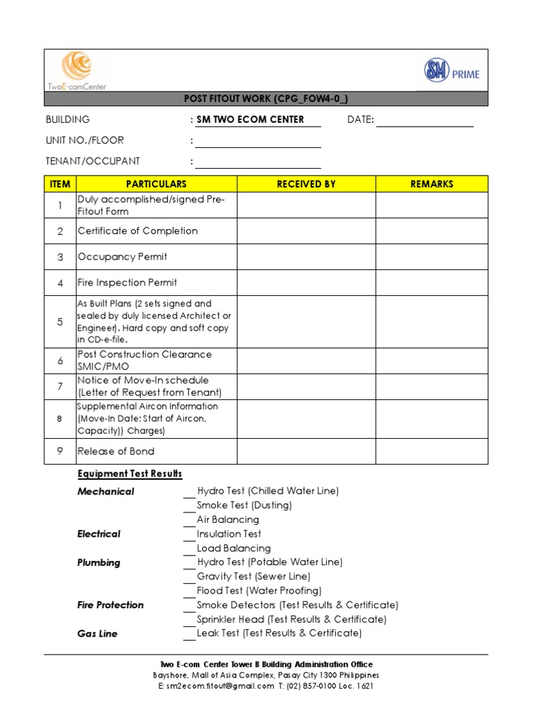 Post-Fit Out Form | PDF