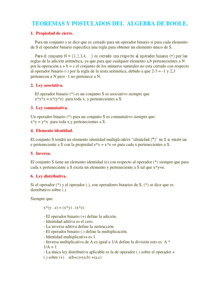 Teoremas y Postulados Del Algebra de Boole | PDF | Conjunto ...