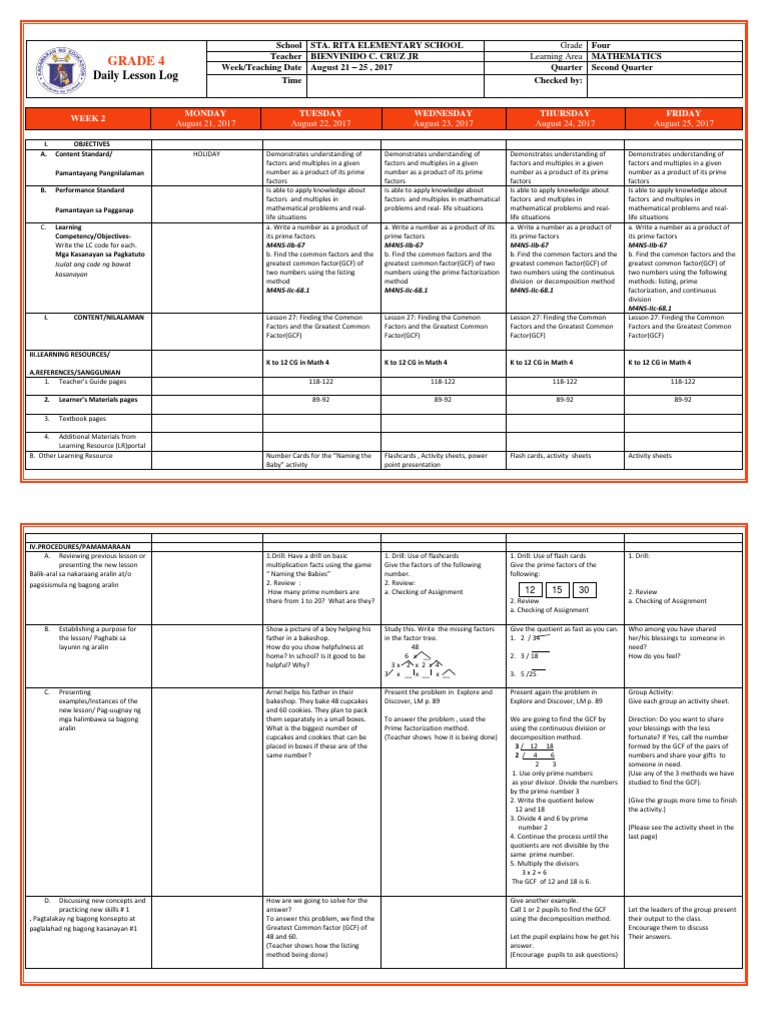 Grade 4 DLL Quarter 2 Week 2 Sir Bien Cruz | PDF | Lecture | Prime Number