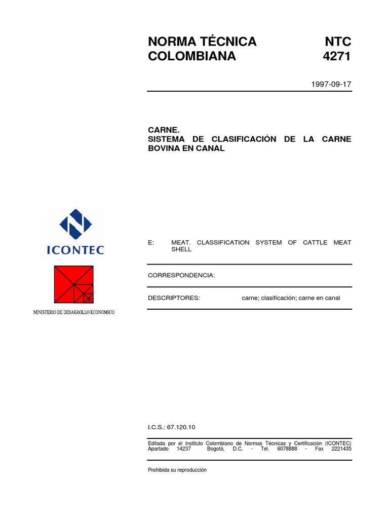 Norma Técnica NTC 4271. Sistema de Clasificacion de La Carne en Canal PDF | PDF | Vacas | Colombia