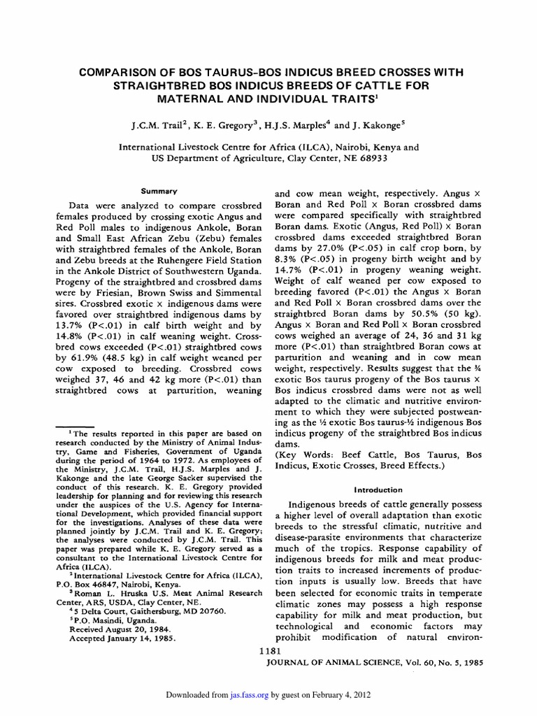 Comparison of Bos Taurus Bos Indicus Breed Crosses With Straigttbred ...