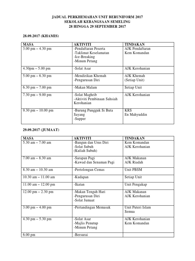Jadual Perkhemahan Unit Beruniform 2017 (Email) | PDF