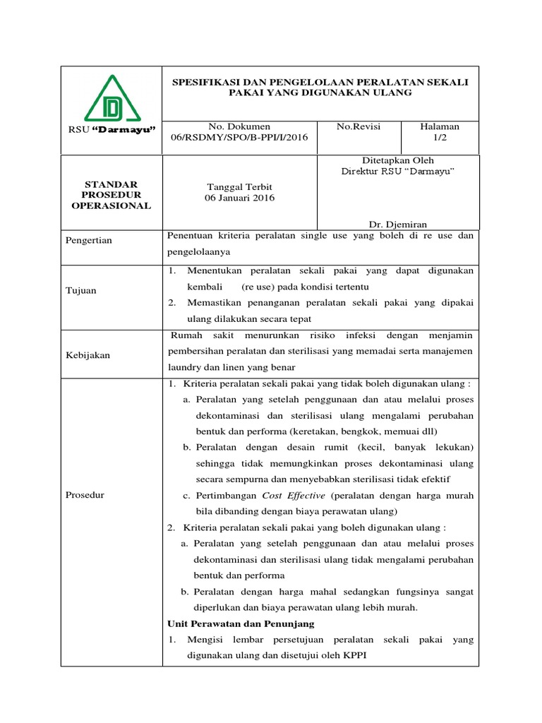 Sop Spesifikasi Dan Pengelolaan Peralatan Sekali Pakai Yg Digunakan Ulangl | PDF | Griya & Taman ...
