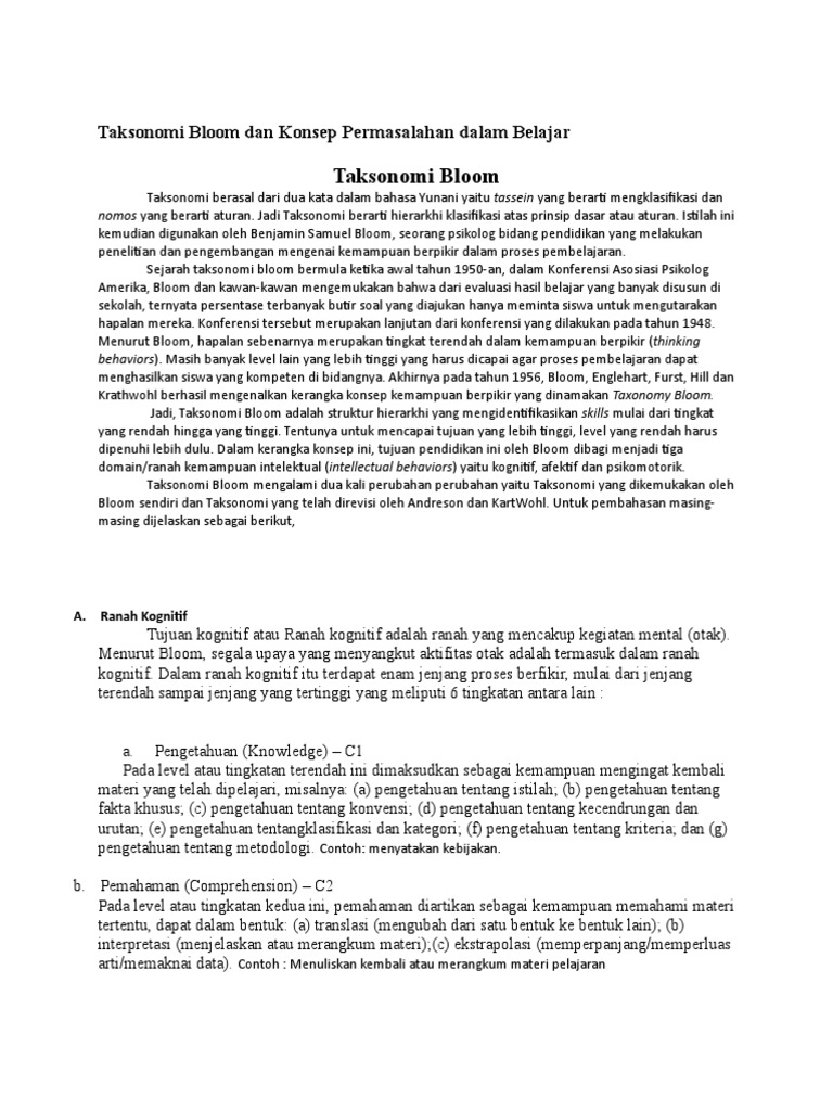 Taksonomi Bloom Dan Konsep Permasalahan Dalam Belajar | PDF