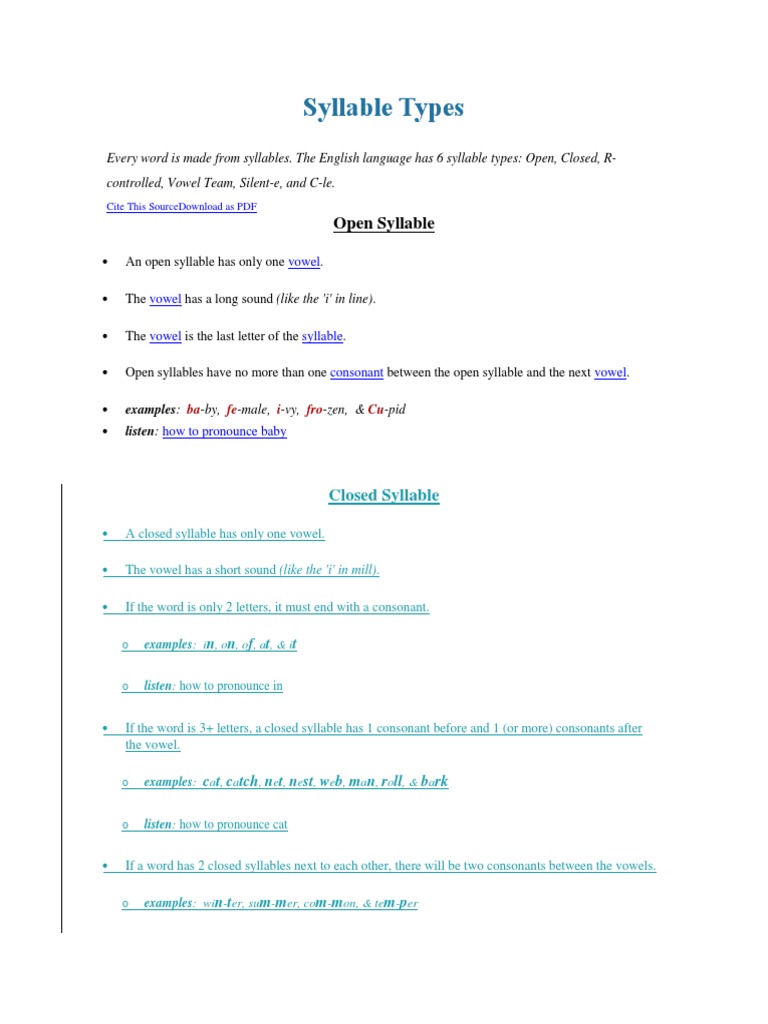 Syllable Types. | PDF | Consonant | Syllable
