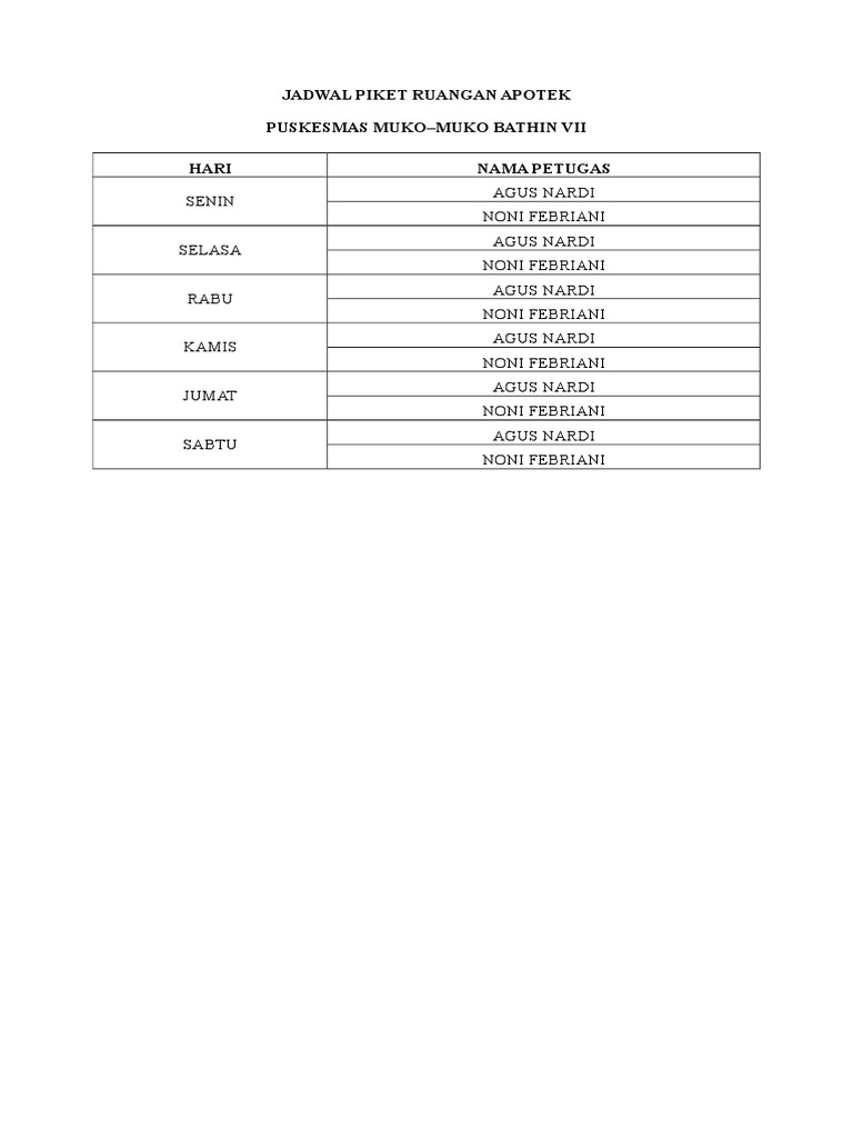 Jadwal Piket Ruangan Apotek | PDF