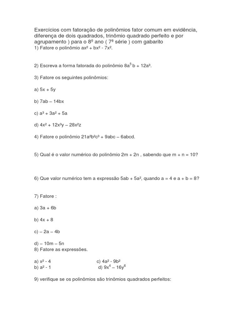 Exercícios Com Fatoração de Polinômios Fator Comum em Evidência PDF | PDF Exercícios Com Fatoração de Polinômios Fator Comum em Evidência PDF | PDF
