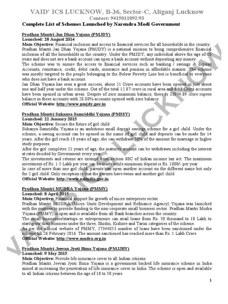 Complete List of Schemes Launched by Narendra Modi Government PDF | PDF ...