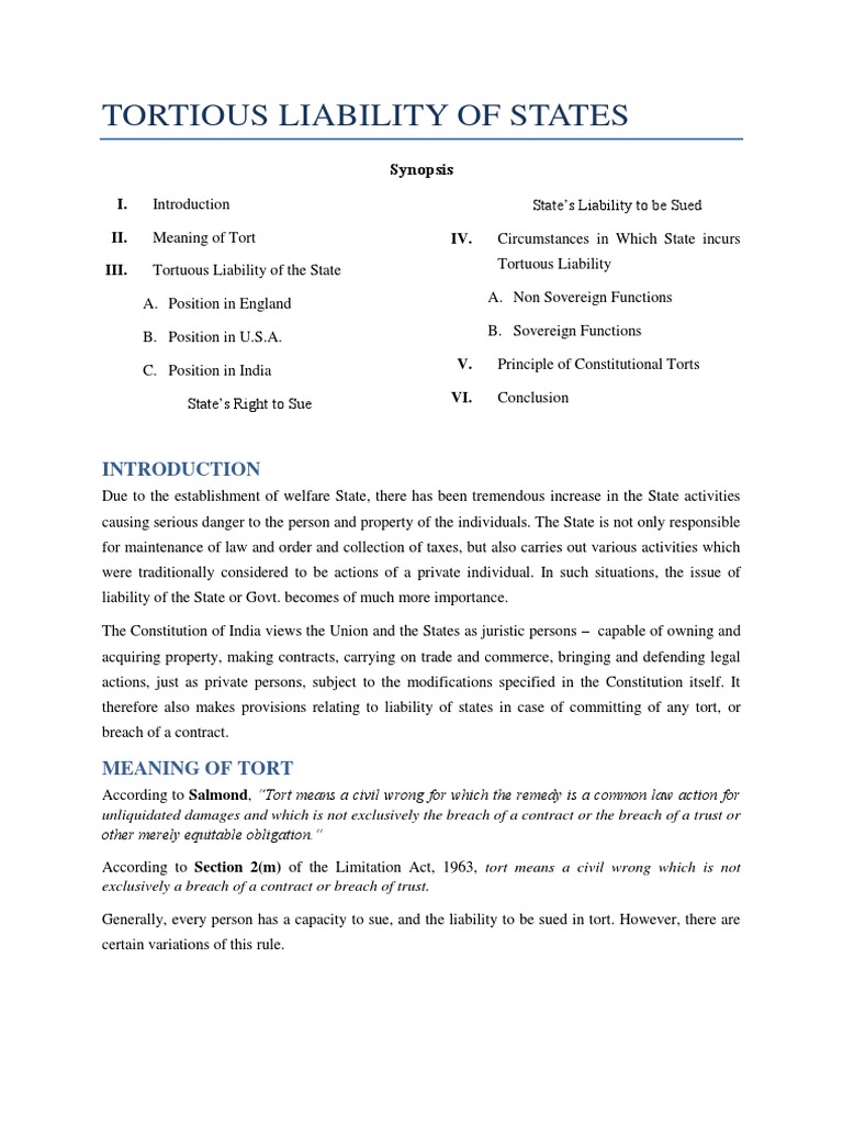 Liability Of State In Torts Pdf Tort Sovereign Immunity