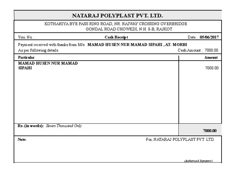 Nataraj Polyplast Pvt. LTD.: Cash Receipt | PDF