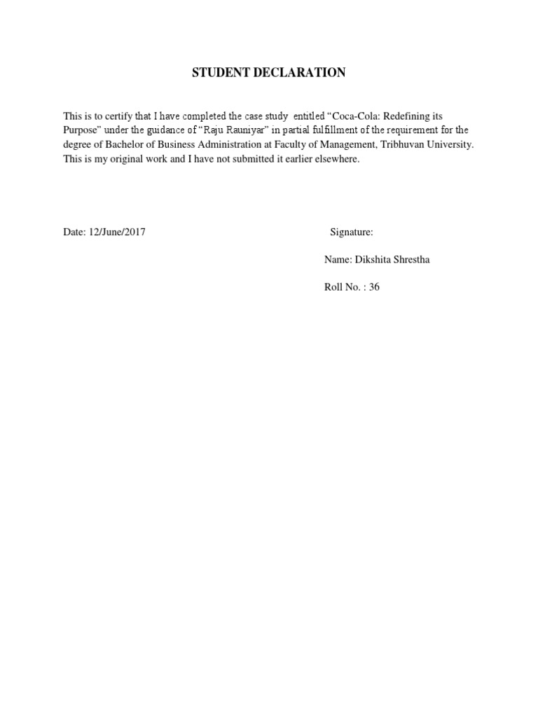 Student Declaration of Coca Cola Company | PDF | Career & Growth