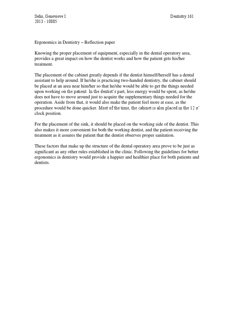 Ergonomics in Dentistry - Reflection Paper | PDF