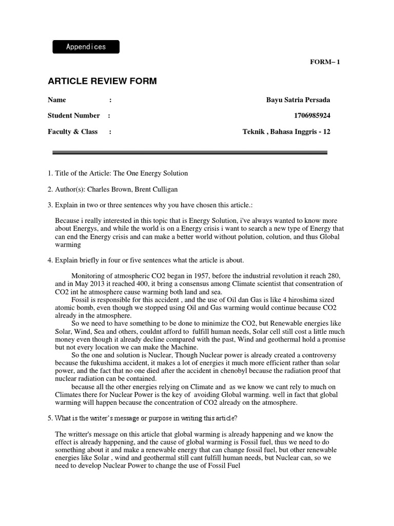 Article Review Form: Appendices | PDF | Nuclear Power | Global Warming