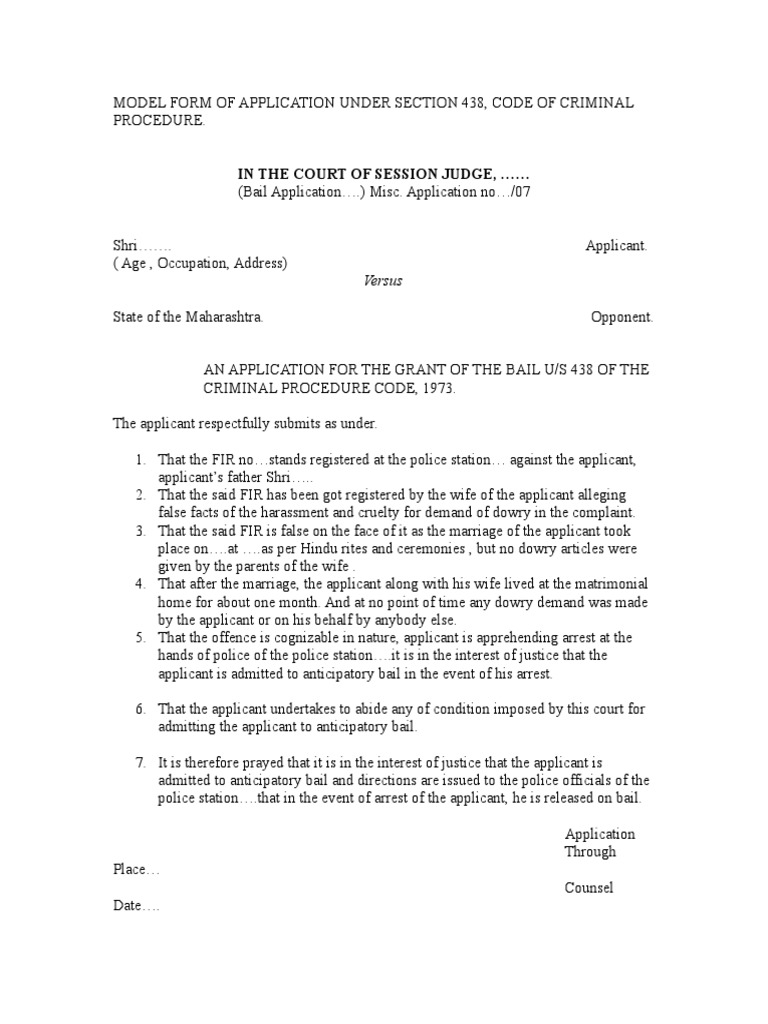Anticipatory Bail Application Format | PDF | Bail | Affidavit