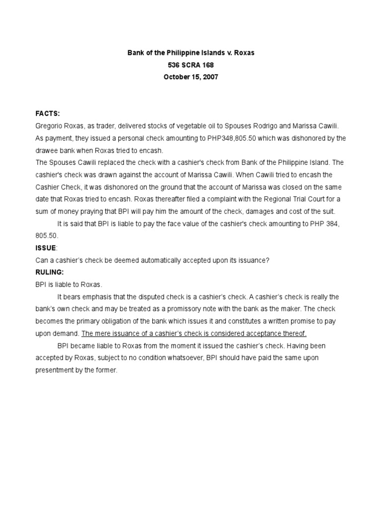 BPI V Roxas Digest | PDF