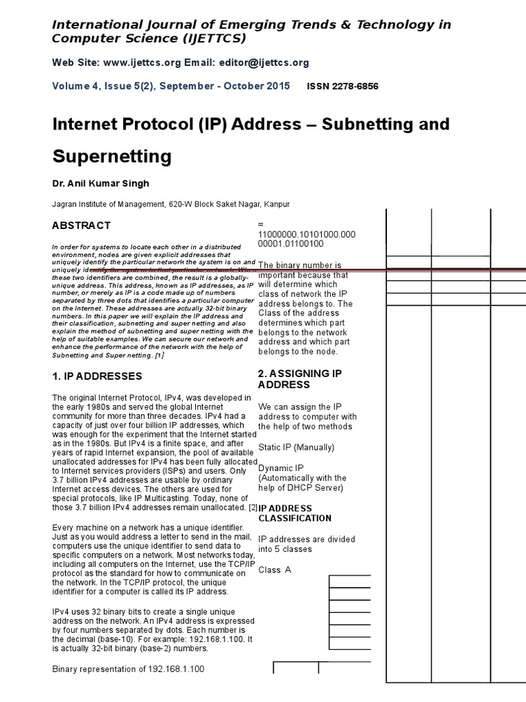 Supernetting: Internet Protocol (IP) Address - Subnetting and | PDF | Ip Address | Computer Network