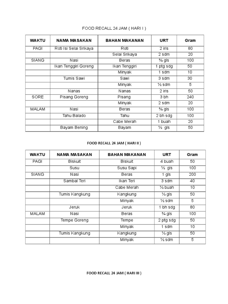 Food Recall 24 Jam | PDF