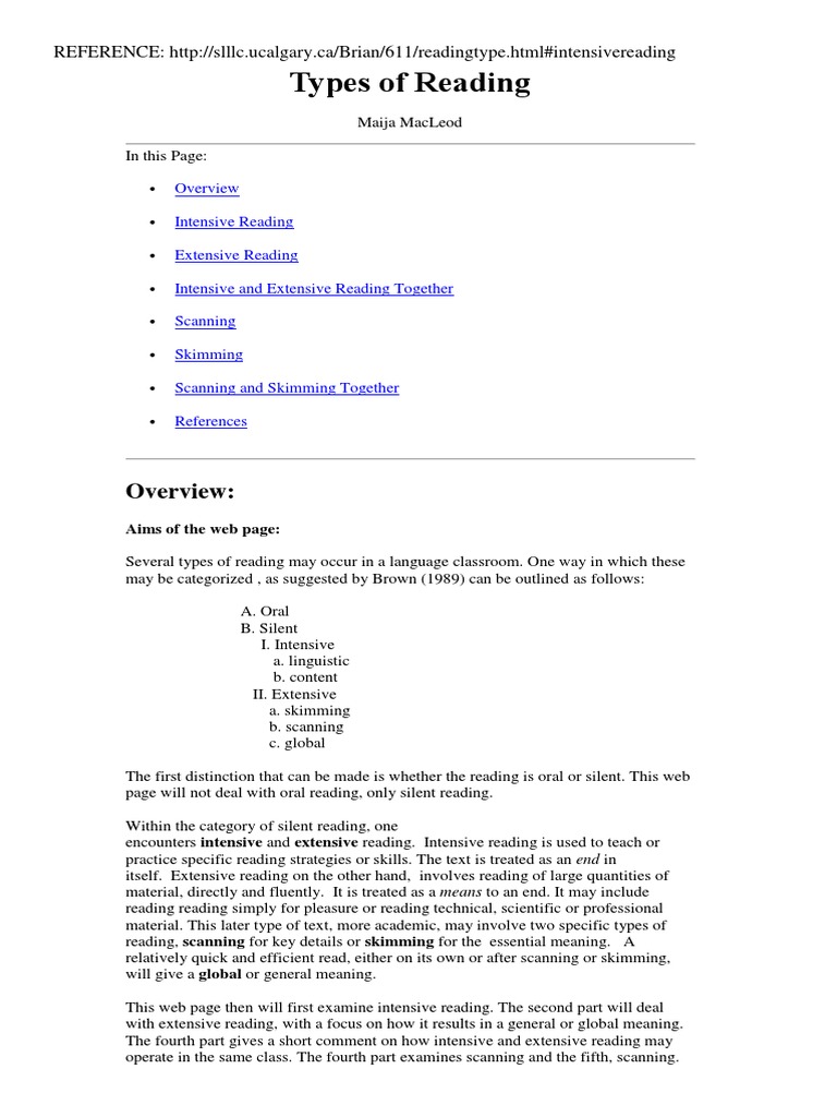 Types of Reading | PDF | Reading (Process) | Speed Reading
