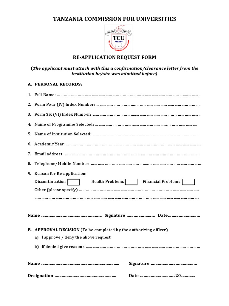 TCU Re Application Form 2017/2018 | PDF | Business