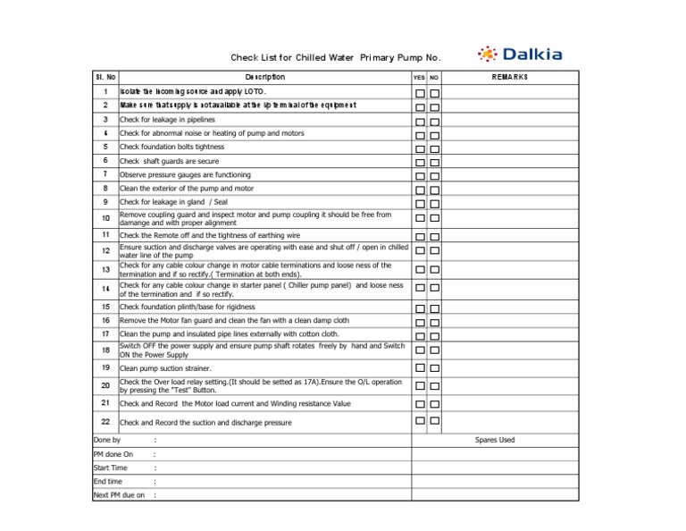 Chilled Water Pump Maintenance Checklist | PDF
