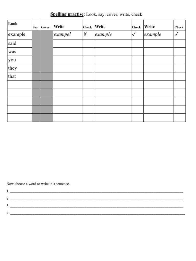 Spelling Practice: Look, Say, Cover, Write | PDF | Linguistics | Semiotics