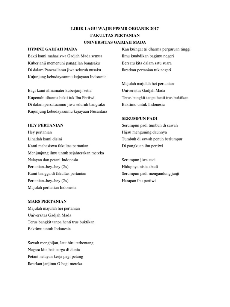 Lirik Lagu Wajib PPSMB Pertanian UGM | PDF