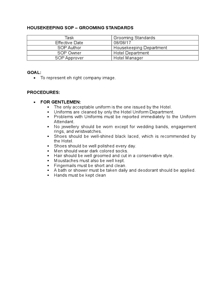 1 Housekeeping Sop Grooming Standards Gentlemen