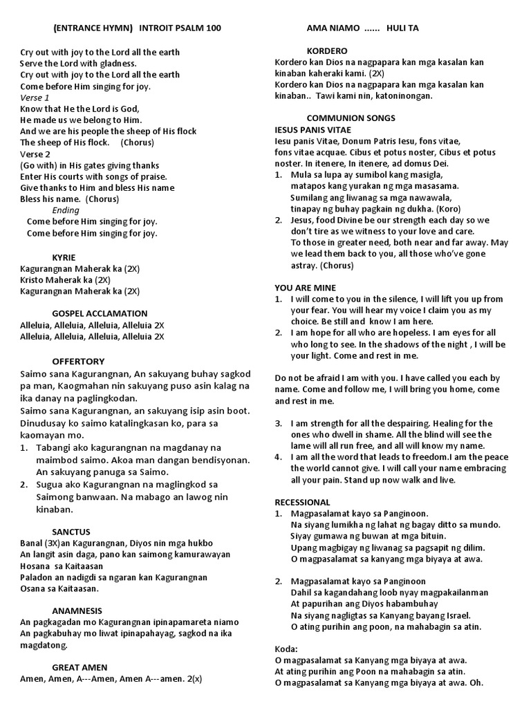 (Entrance Hymn) Introit Psalm 100 Ama Niamo ...... Huli Ta Kordero ...