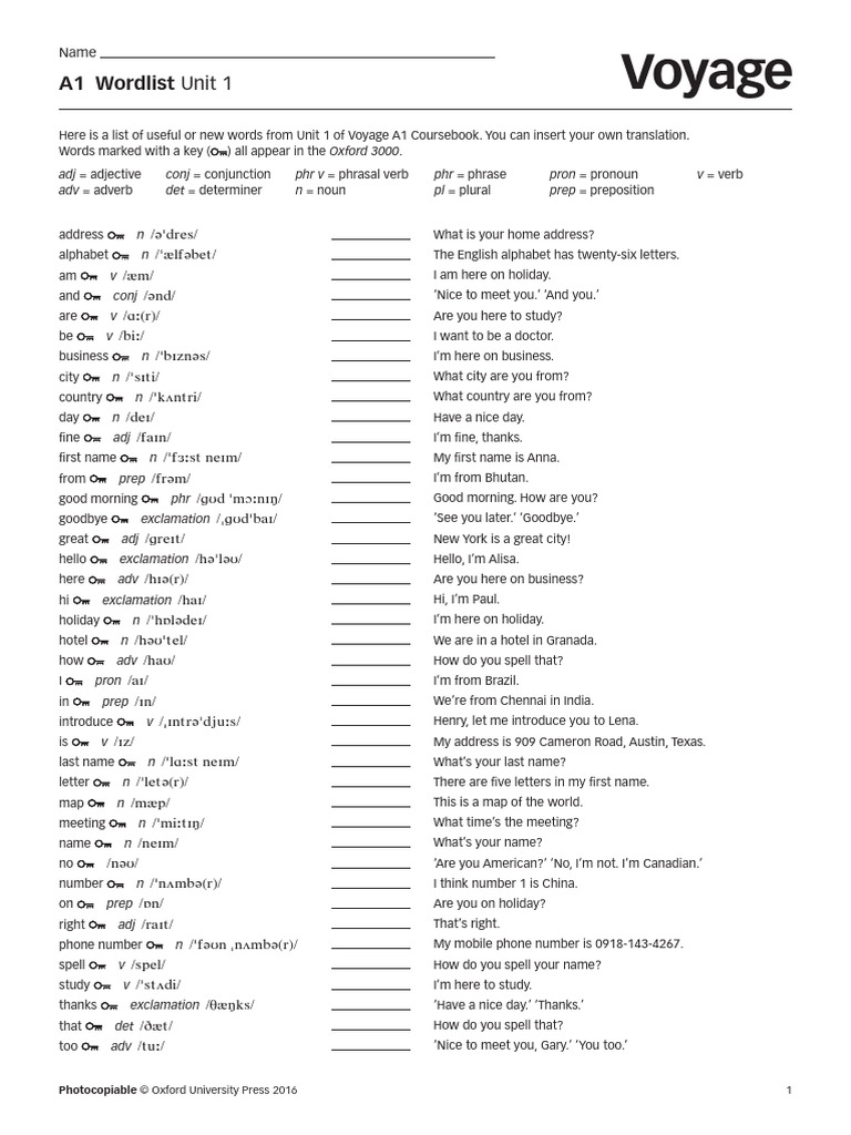 Voyage A1 Wordlist Unit 1 | PDF | Verb | Syntax