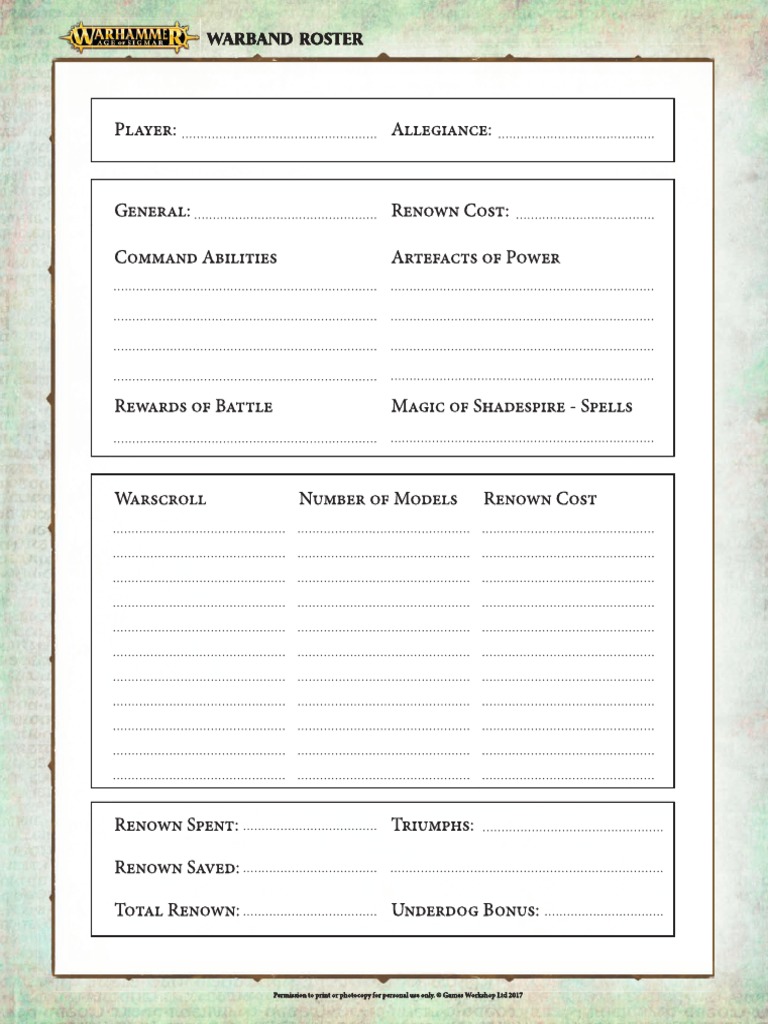 Skirmish Warband Roster | PDF