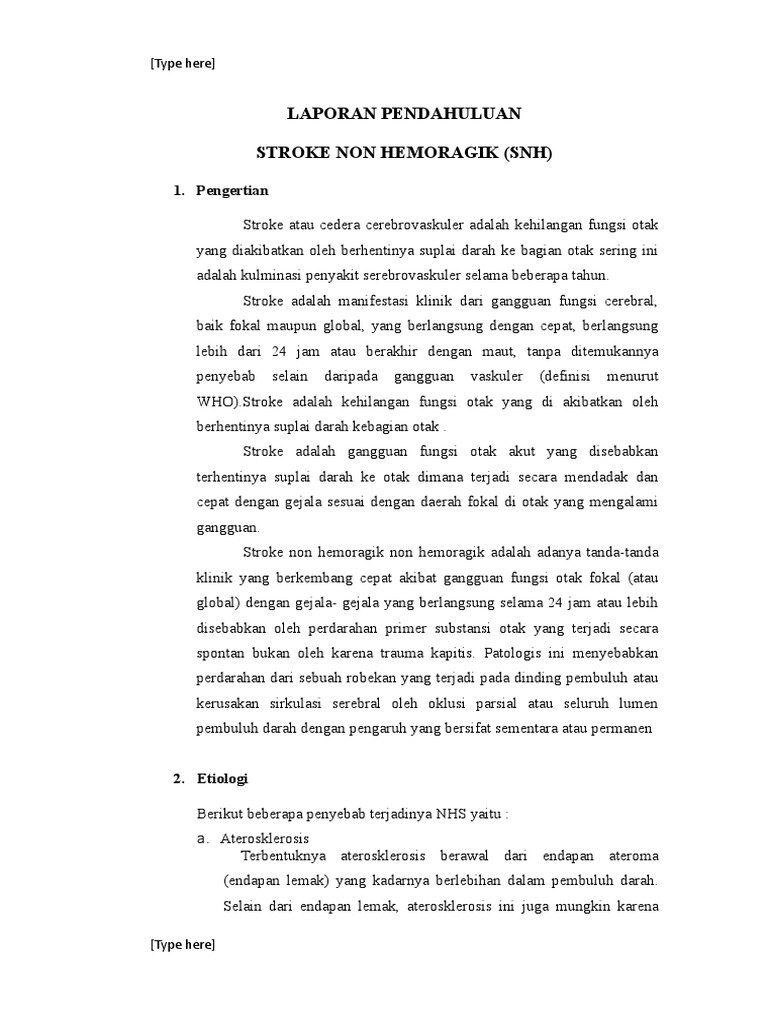 Laporan Pendahuluan Stroke Non Hemoragik | PDF