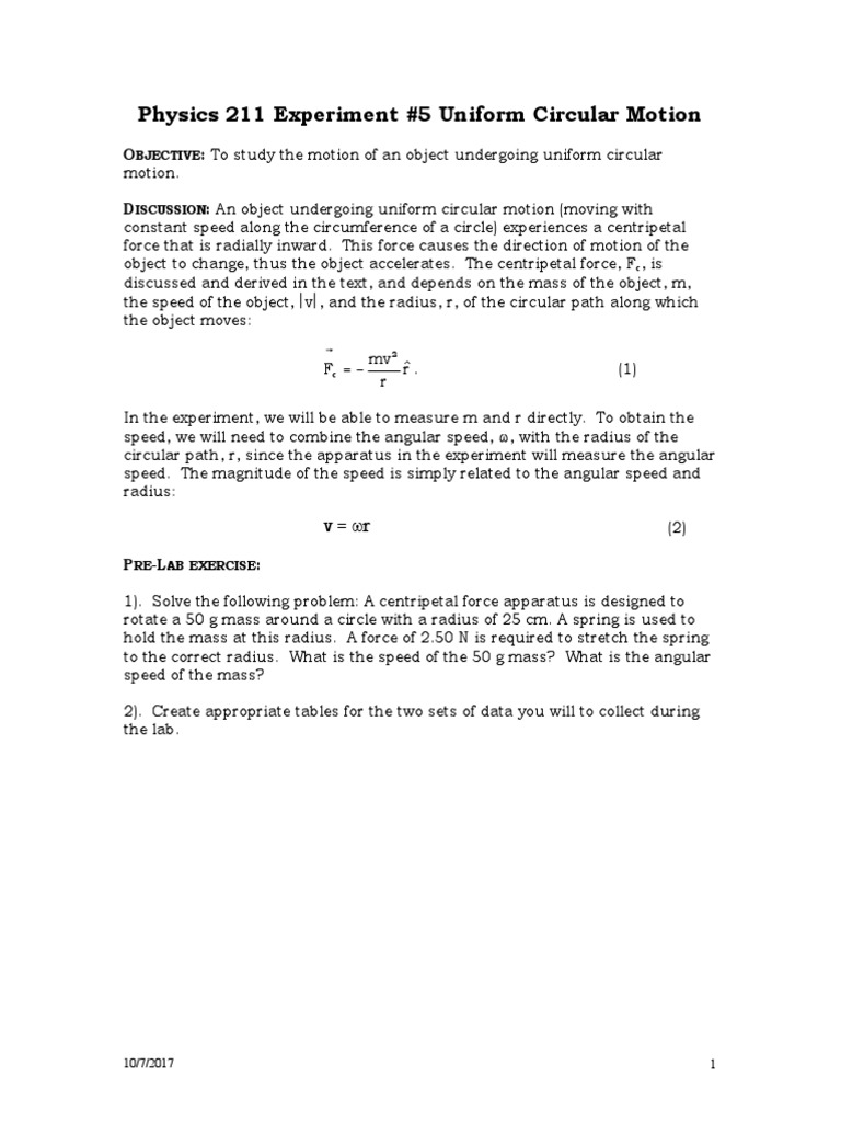 Physics 211 Experiment #5 Uniform Circular Motion | PDF | Speed ...