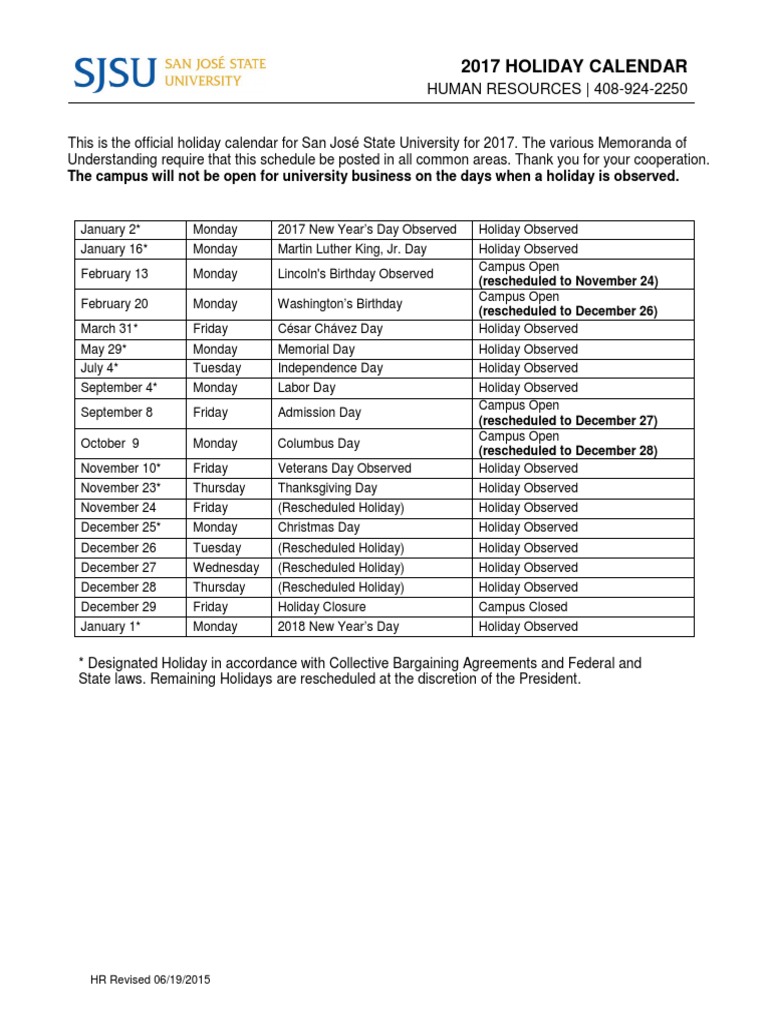 SJSU 2017 Holiday Calendar | PDF | Public Holiday | Holidays