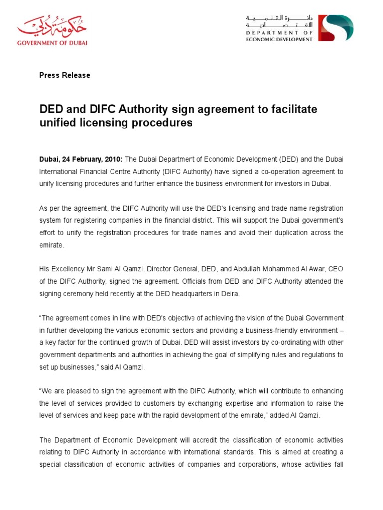 DED and DIFC Authority Sign Agreement To Facilitate Unified Licensing ...