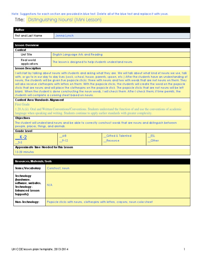 Noun Lesson - 1st Grade | PDF | Lesson Plan | Educational Assessment