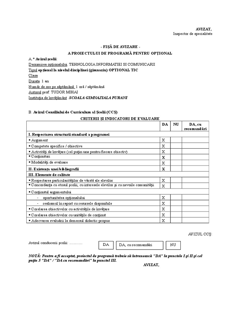 Model Fisa Avizare Optional