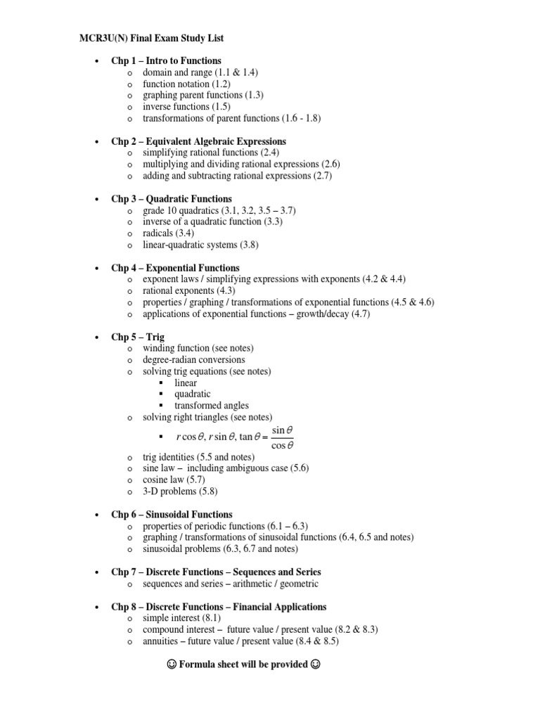 MCR3U Final Exam Study List | PDF