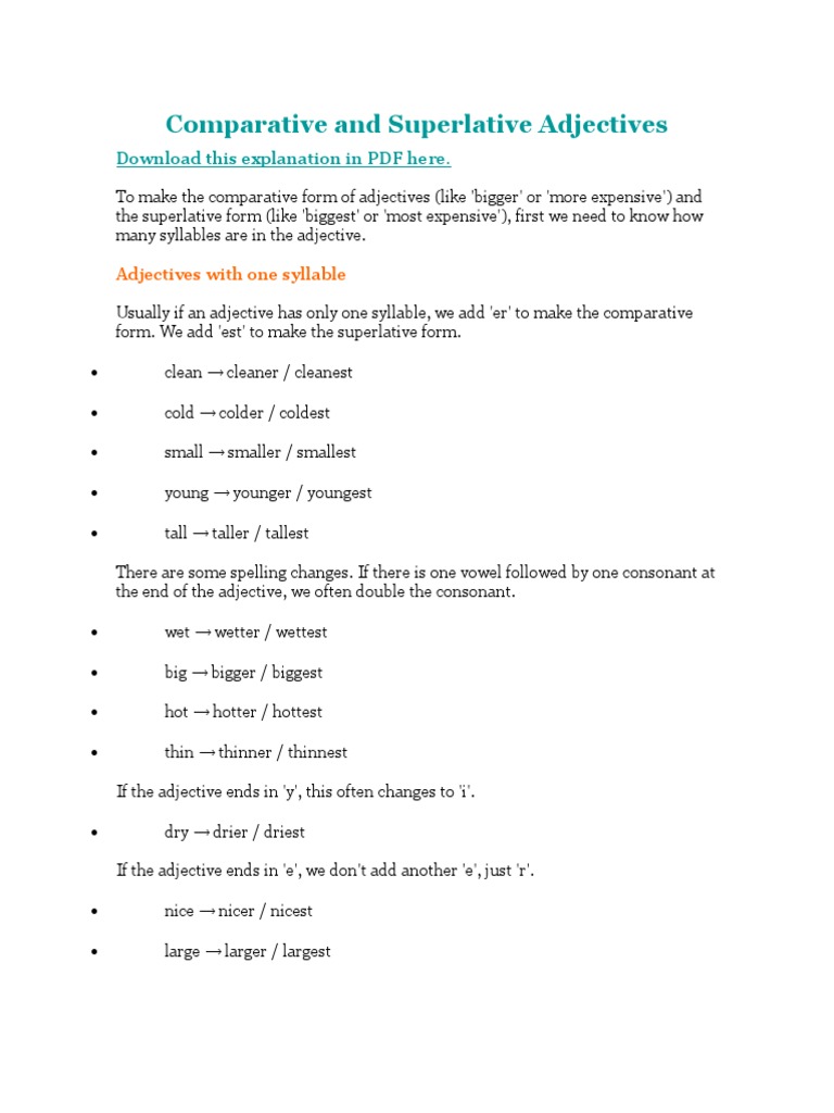 Comparative and Superlative Adjectives: Download This Explanation in ...