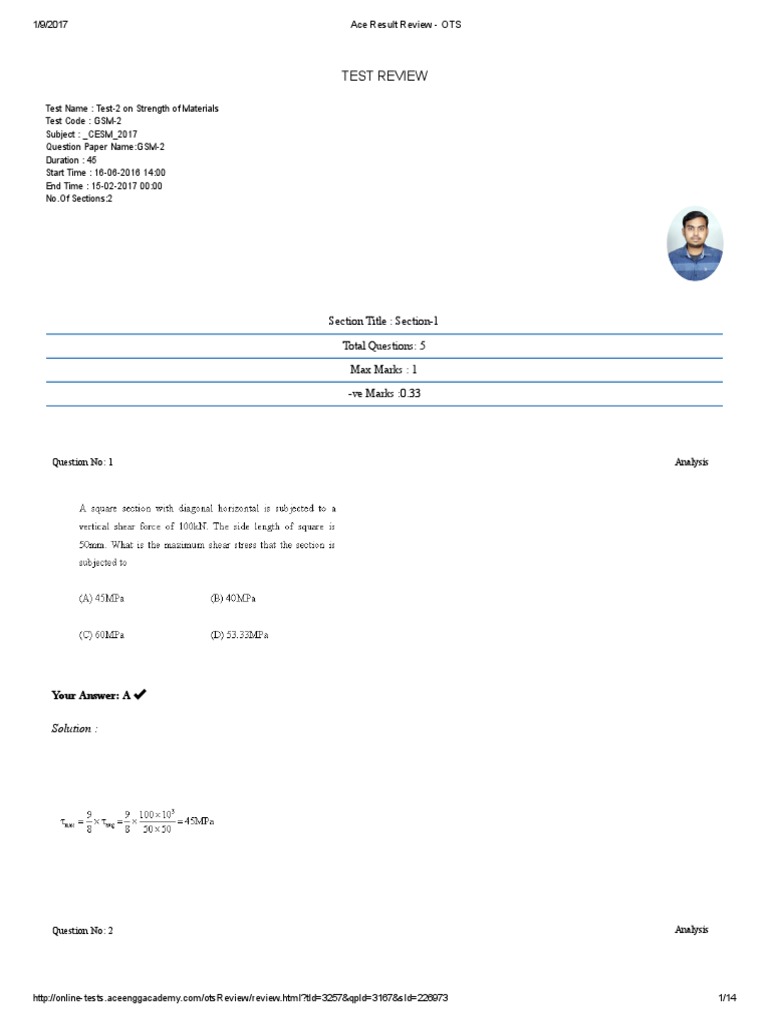Test Review: Section Title: Section 1 Total Questions: 5 Max Marks: 1 ...