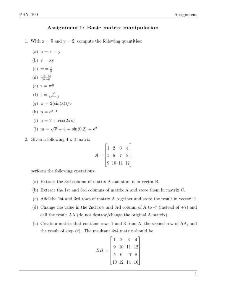 Mat Lab Assignment 1 | PDF | Matrix (Mathematics) | Mathematical Analysis