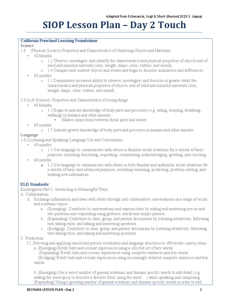 Week6-Final Lesson Plan Day 2-Touch-Bechara | PDF | Somatosensory ...