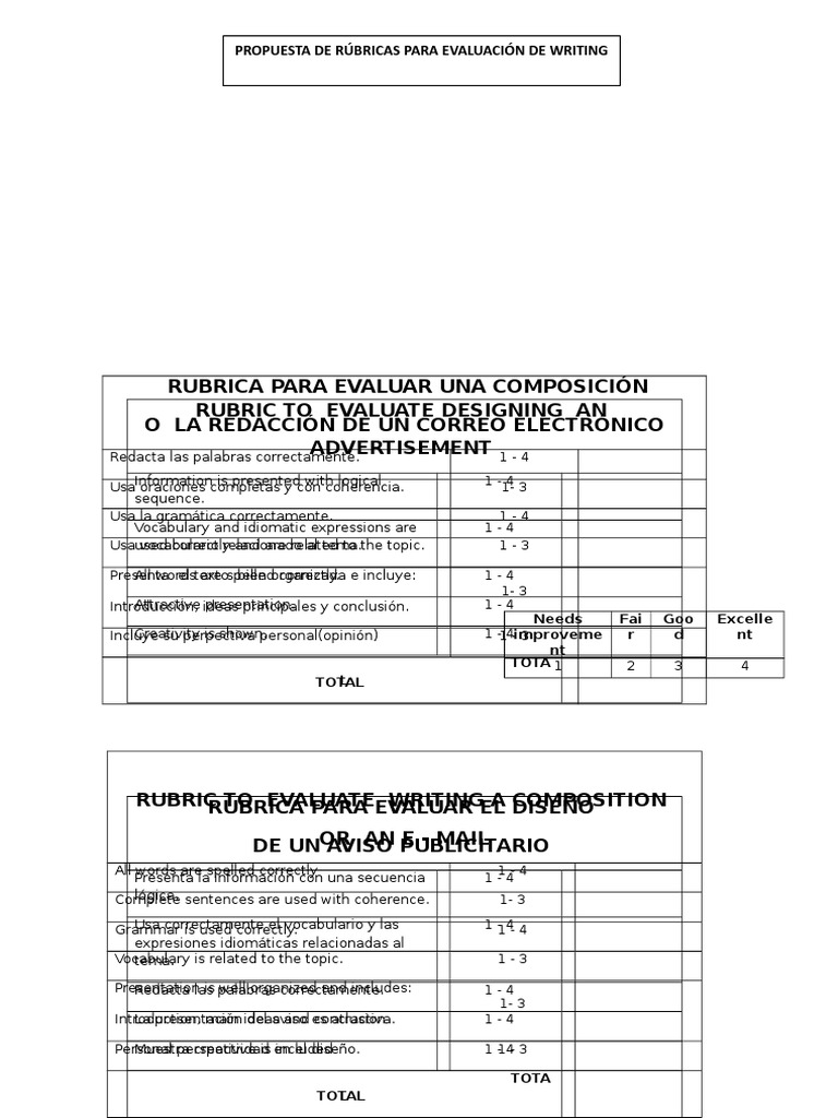 Propuesta de R - Bricas para Evaluar Speaking y Writing - Ingl - S y Espa - Ol | PDF | La ...